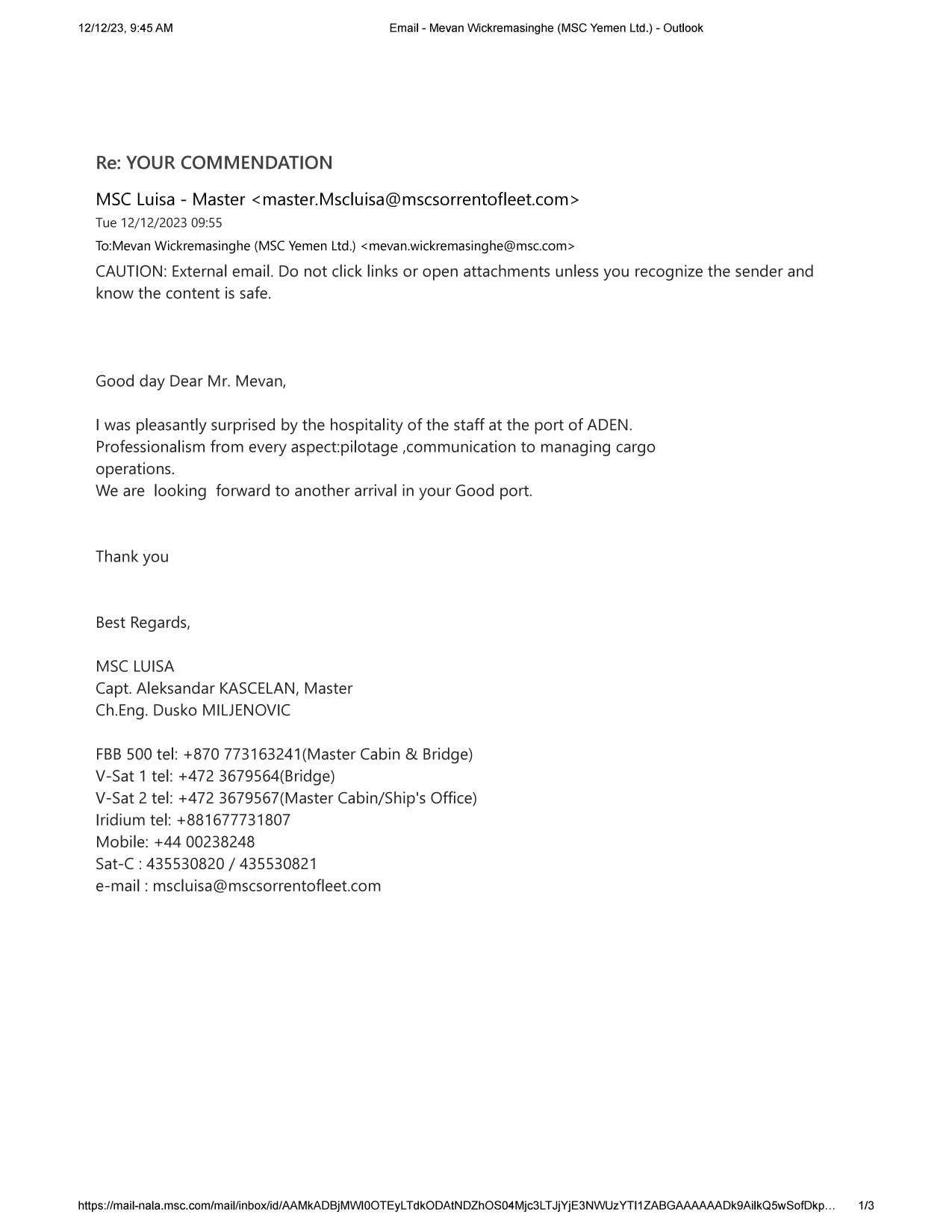 Captain of MSC LUISA Expresses Gratitude to Aden Port Team for ...